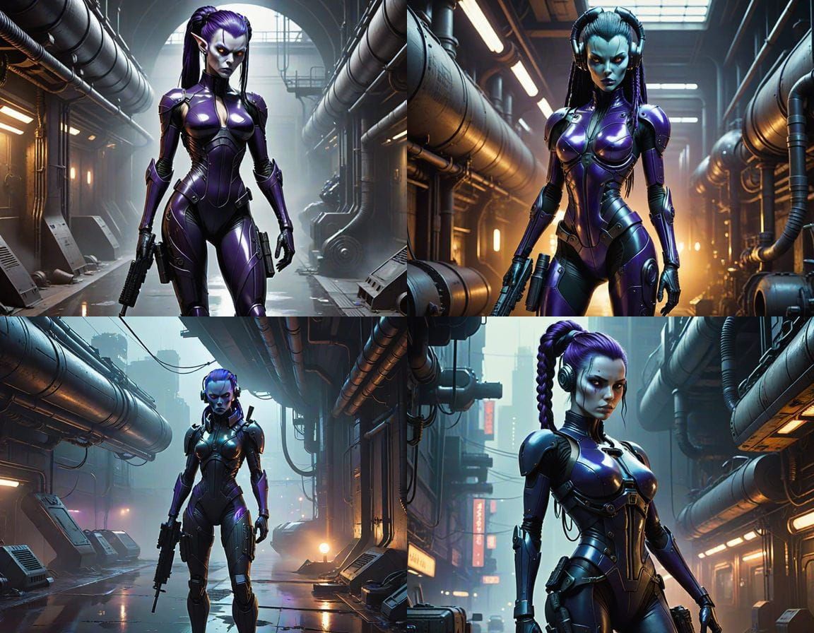 A female alien assassin is holding a slimline sniper rifle. In front of ...