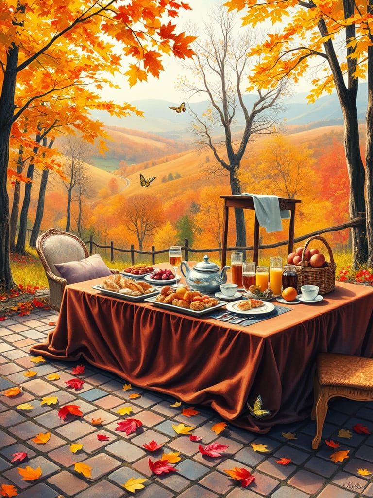 autumn picnic scene - Cozy Autumn Picnic Scene in Vibrant Wa...