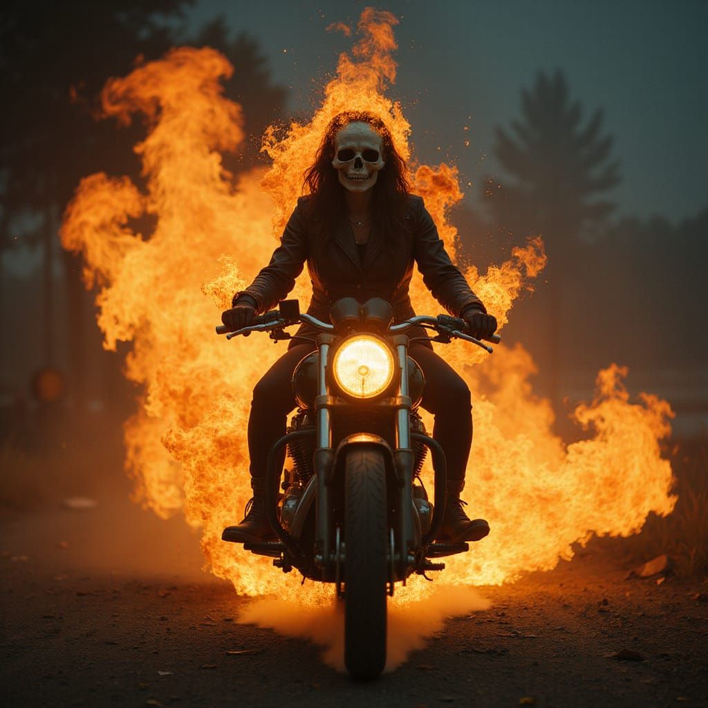 Surreal Female Ghost Rider Speeds Through Fiery Ni... - AI Art