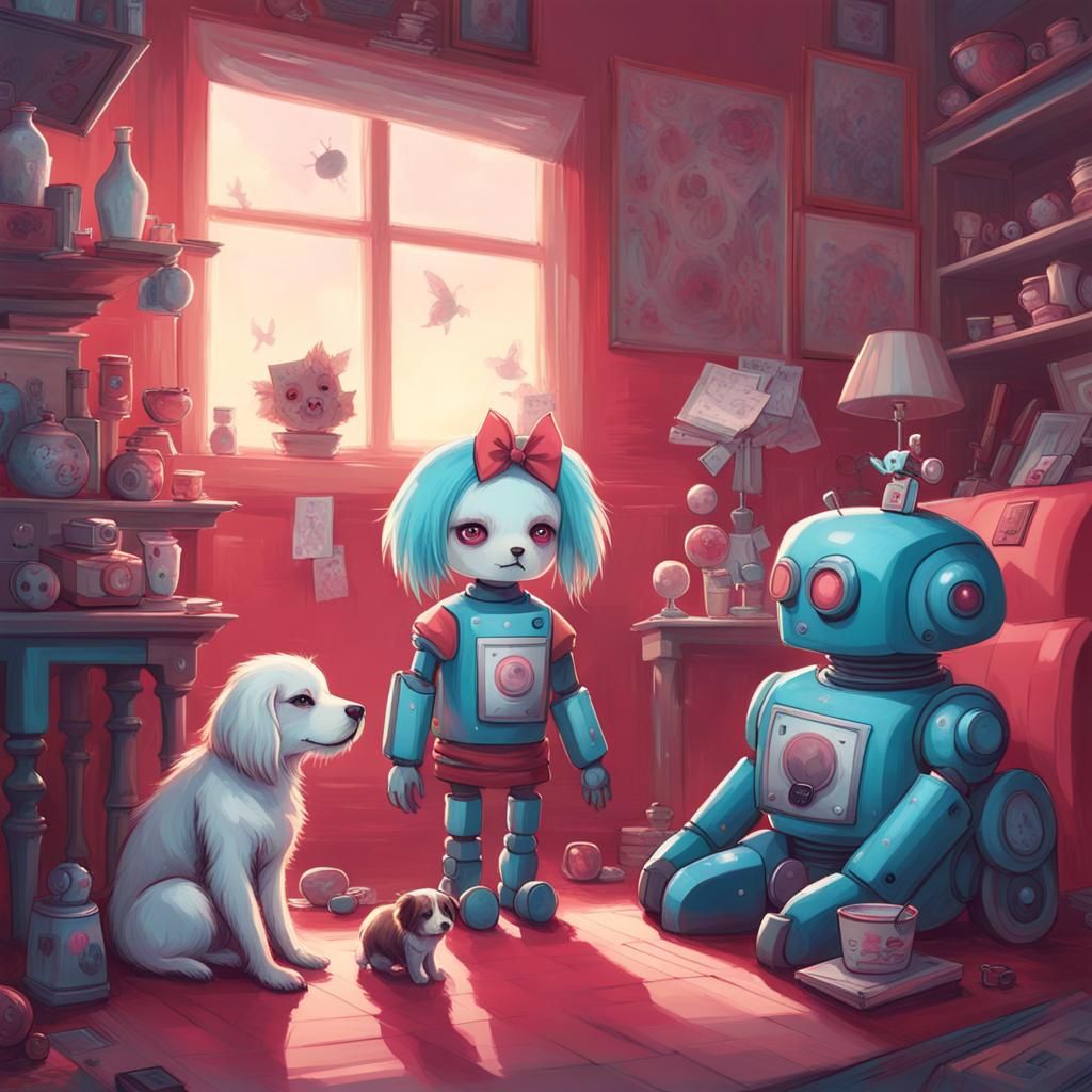 Chien robot mignon et pelucheux avec Alice wonderland, par Anna dittman ...