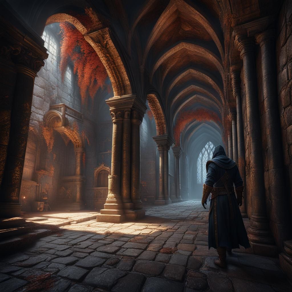 Assassin in medieval castle hallway hiding in shadow detailed matte ...