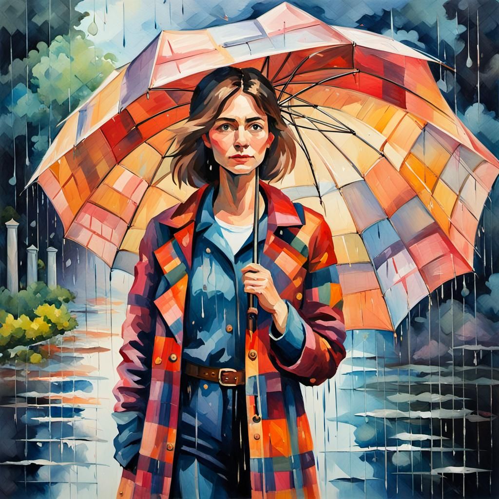 A woman holding a Plaid design umbrella in rain - AI Generated Artwork ...