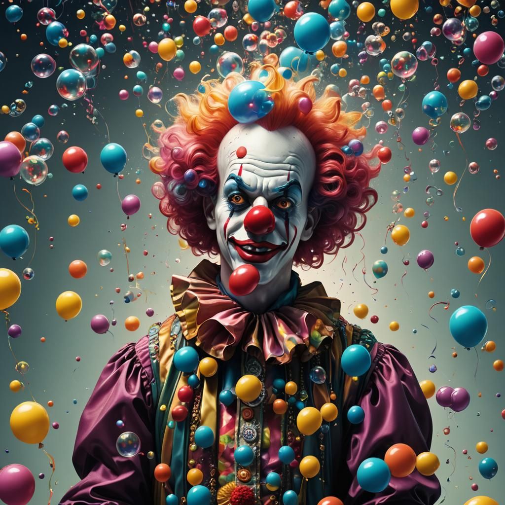 a clown with a bunch of balloons floating around him and his face is ...