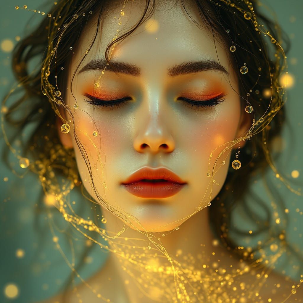 A woman with closed eyes, her face and hair shrouded in swirling ...