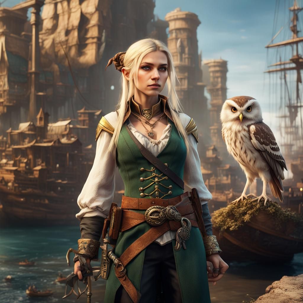 Young blonde Elf adolescent female wears a gold choker collar and ...