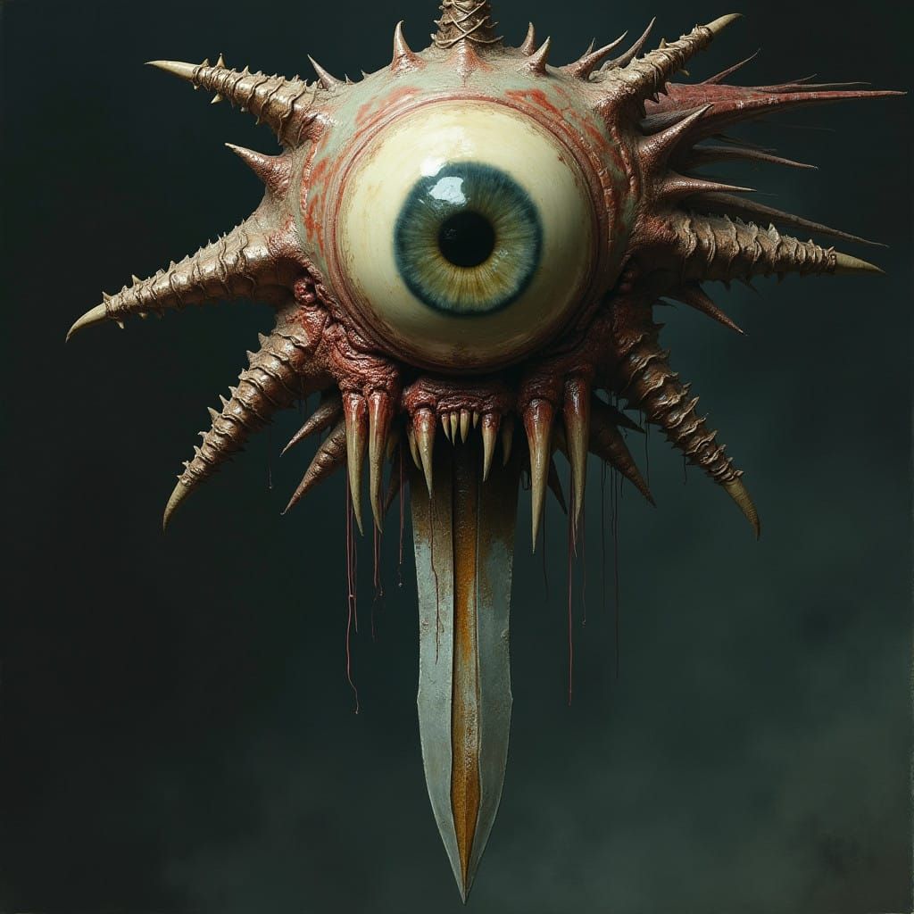 an evil jagged sword head, one giant eyebull, forehead is jagged ...