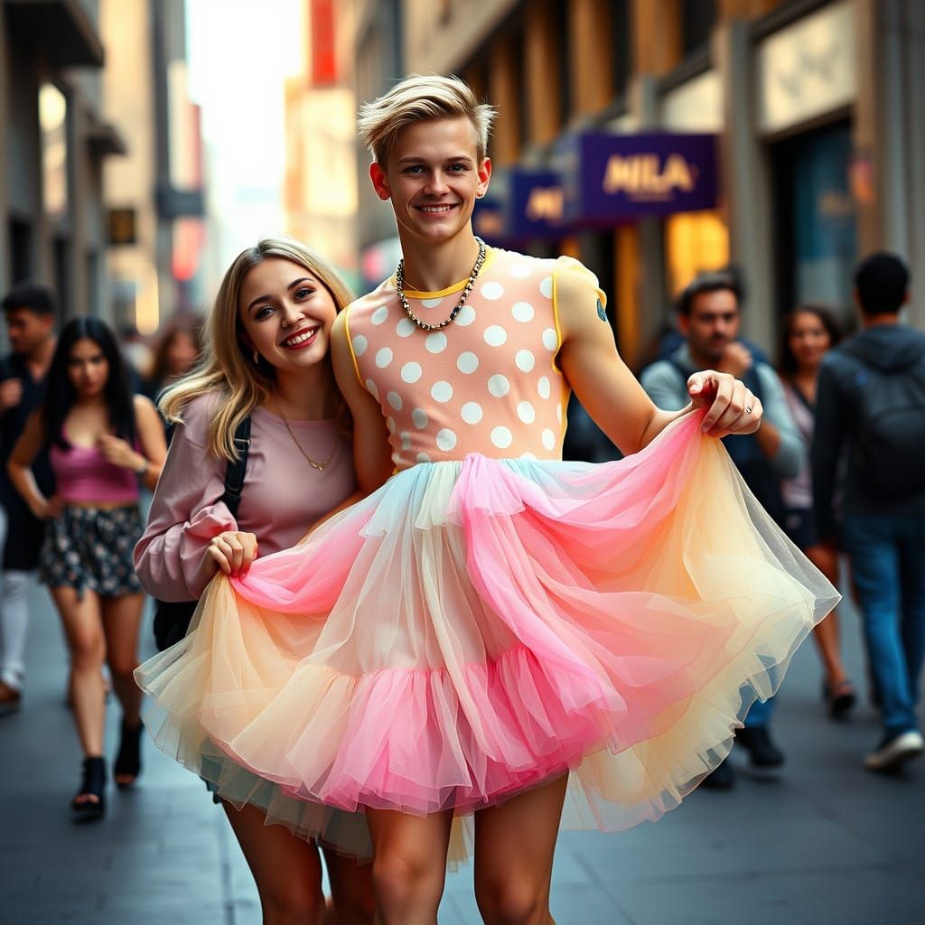 Confident Fashionista Struts in Pastel Polka Dot D... - AI Art