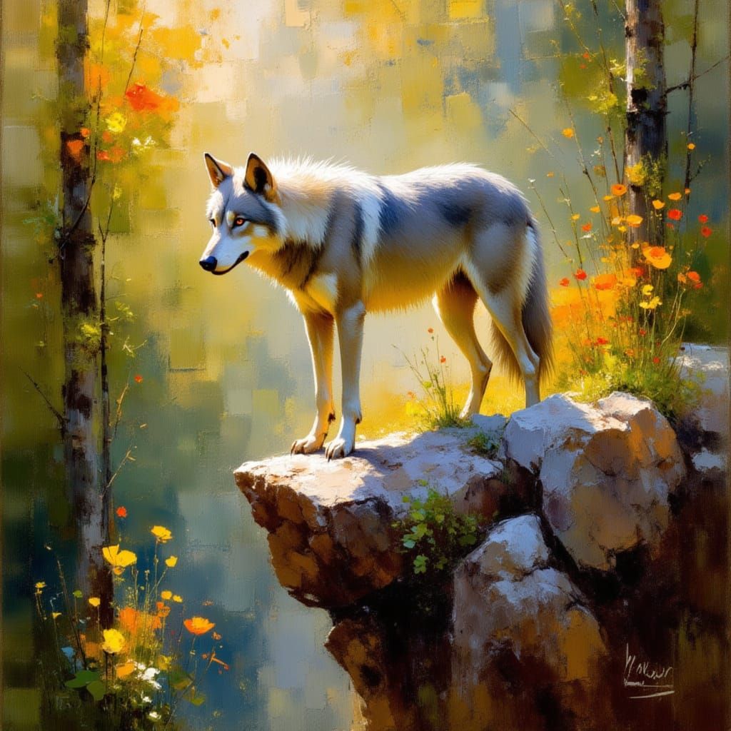 White fang, on a cliff in a forest - Grey Wolf on Cliff in a...