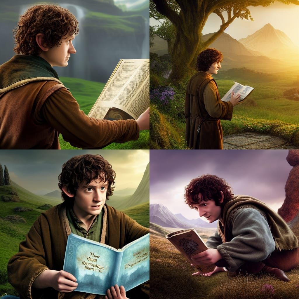 Frodo the Hobbit reading a book to the Shire, 8k, unreal engine 5 ...
