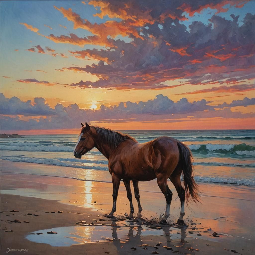 Horse on a beach backlit by a stunning multi coloured sunset 🌆 🌆 - AI ...