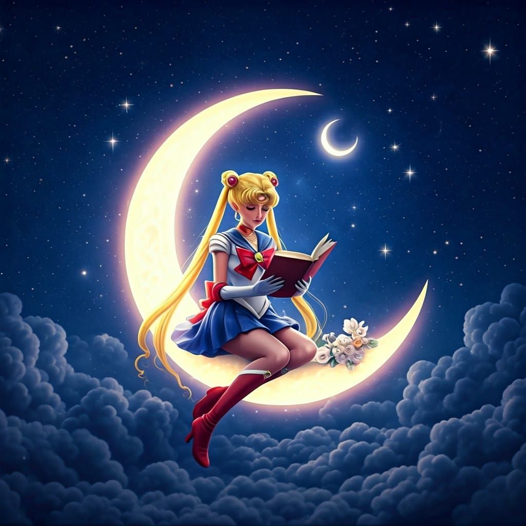 Ethereal Sailor Moon Seeks Wisdom on Crescent Moon - AI Art