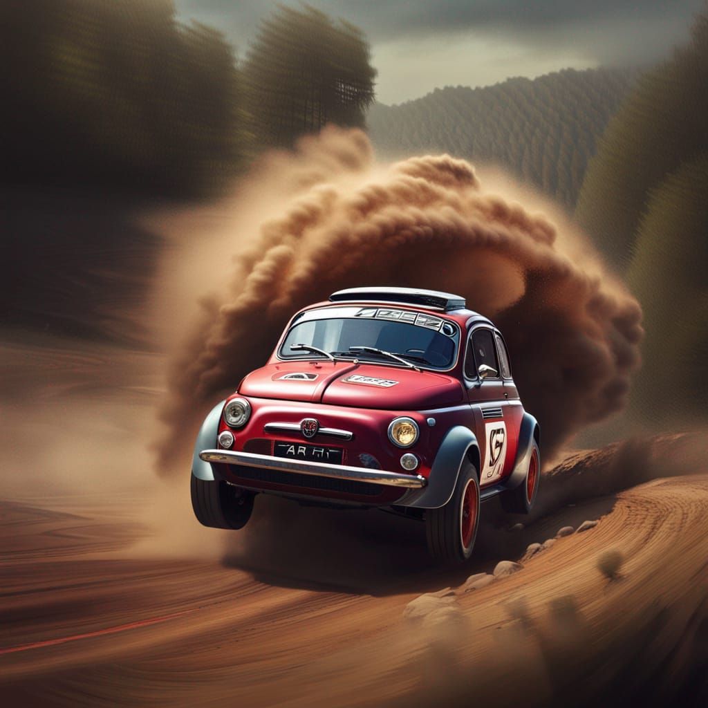 A FIAT 500 Abarth customized as a rally car jumping through the air on ...