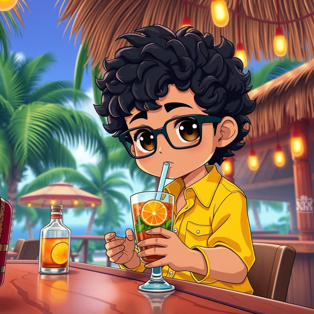 Chibi Boy Sips Tropical Drink in Lush Palm Tree Ha... - AI Art