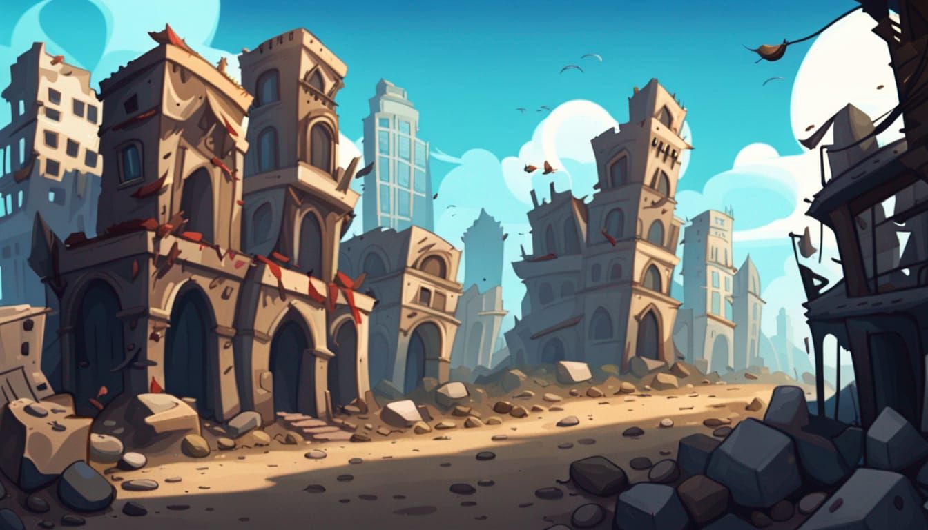 city in ruins, daytime, game background, 2d art - AI Generated Artwork ...
