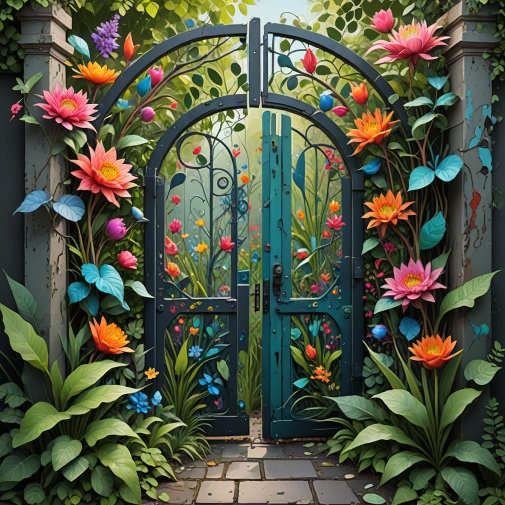 Vibrant Garden Gate in Whimsical Street Art Style - AI Art