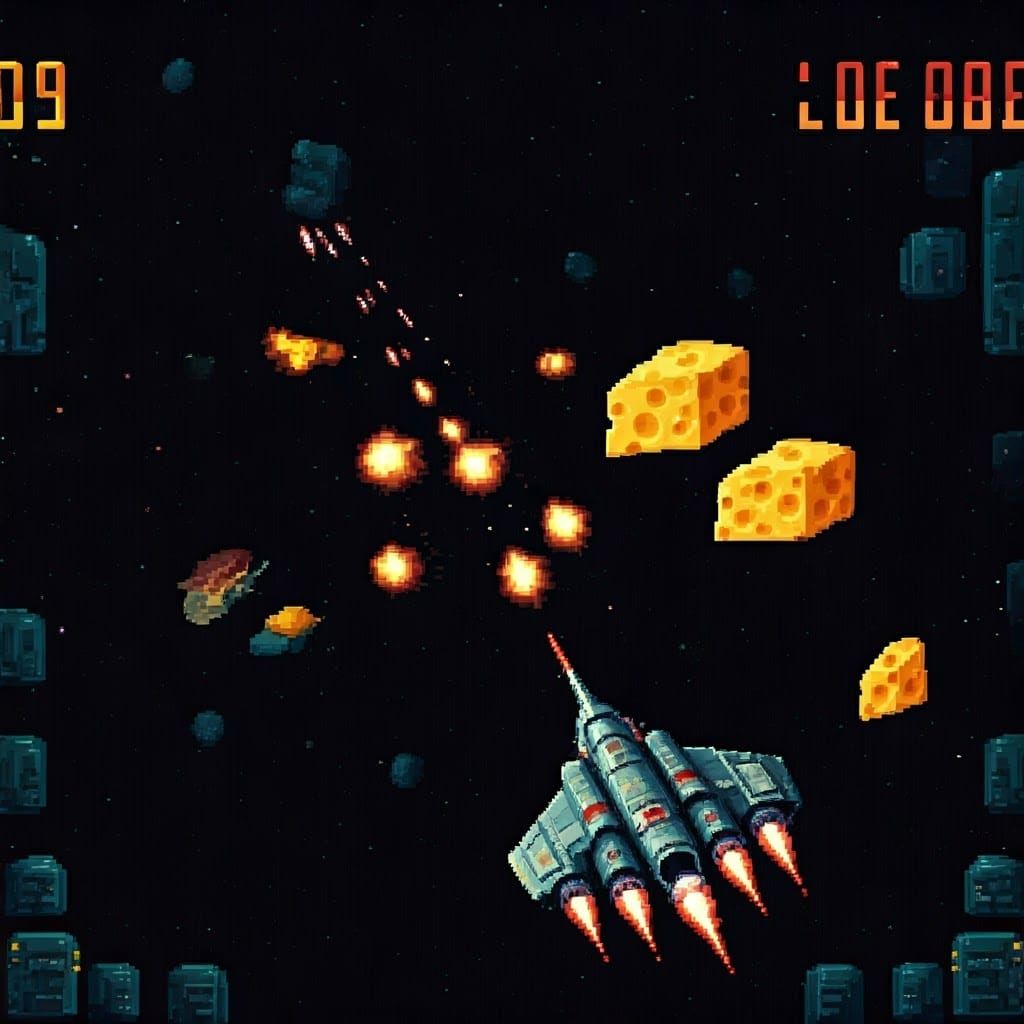 Retro 8-Bit Spacecraft Battles Cheesy Alien Armada - AI Art