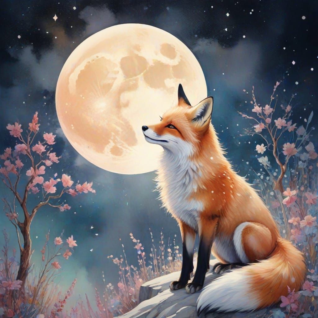 Watercolor Whimsy: Fox Under Ethereal Moonlight - AI Art