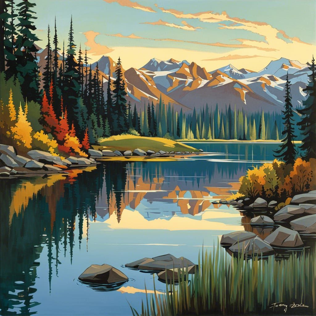 By Terry Dodson, landscape of Tranquil Lakes Reflections - AI Generated Artwork - NightCafe Creator