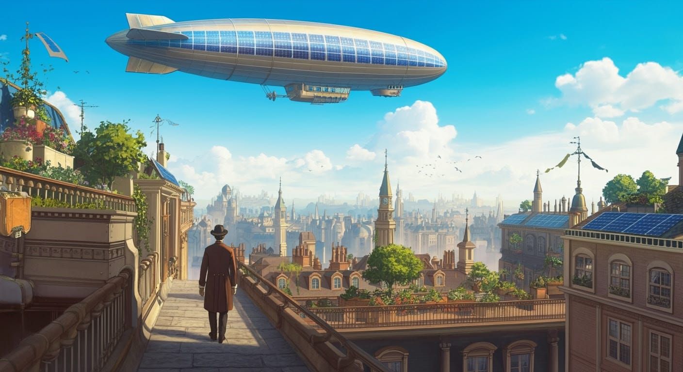 Solarpunk Victorian Cityscape with Rooftop Gardens... - AI Art