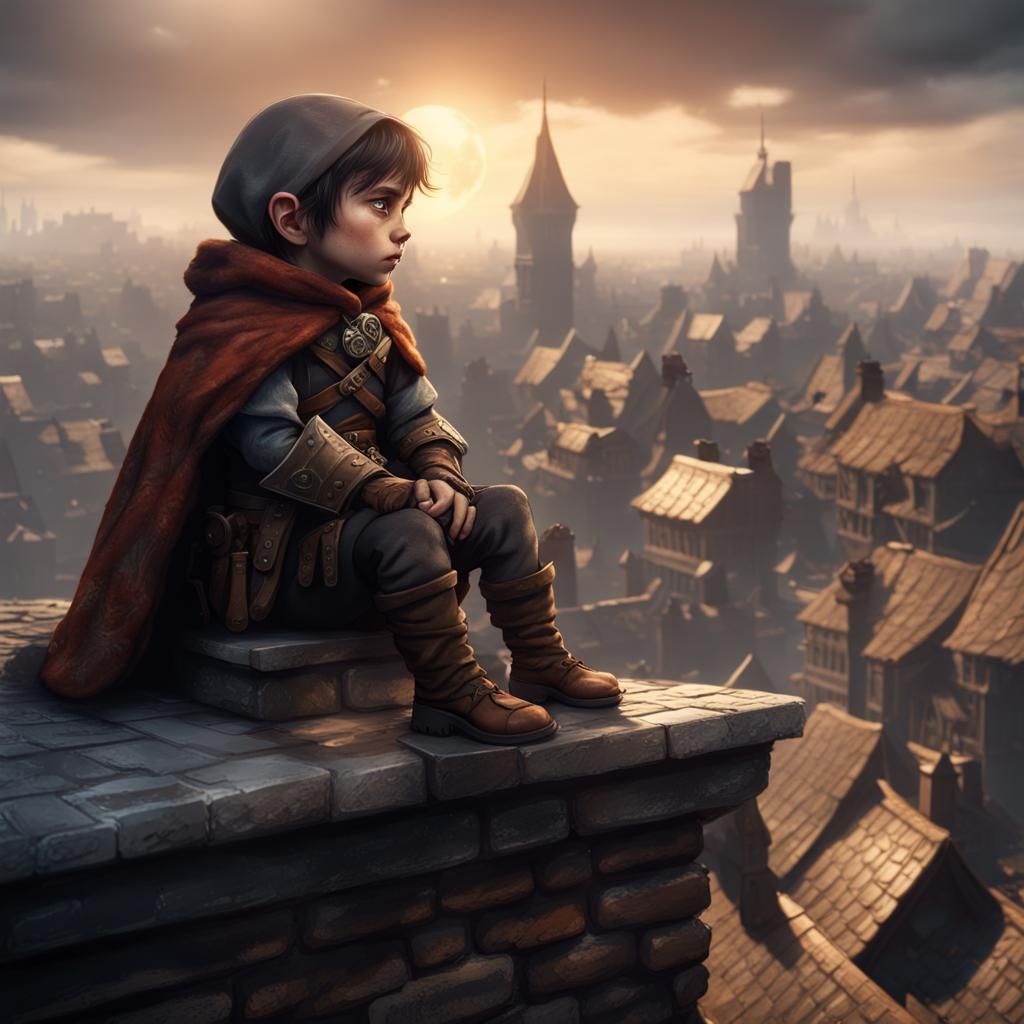 epic D&D halfling rogue sitting on a rooftop, fur cloak, looking down ...