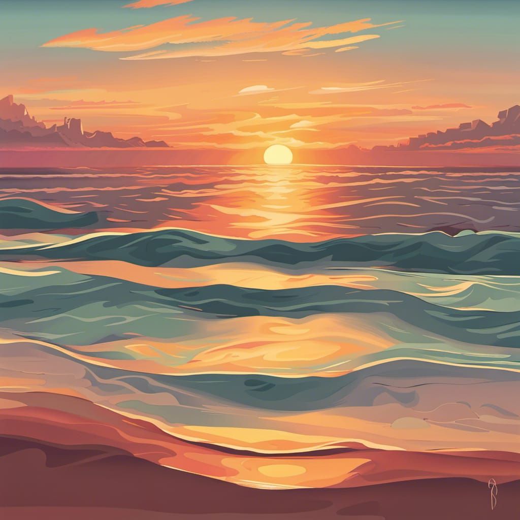 digital illustration of sunset over calm ocean, interplay of warm hues ...