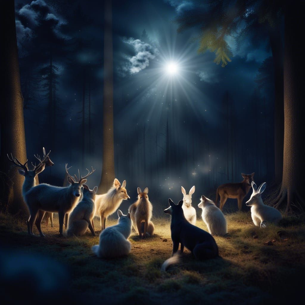 Animals gathered talking around a clearing at night in the forest in a ...