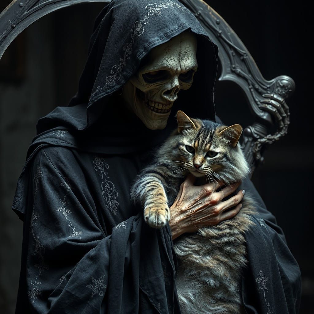 a grim reaper holding his cat - Grim Reaper Bids Farewell to...