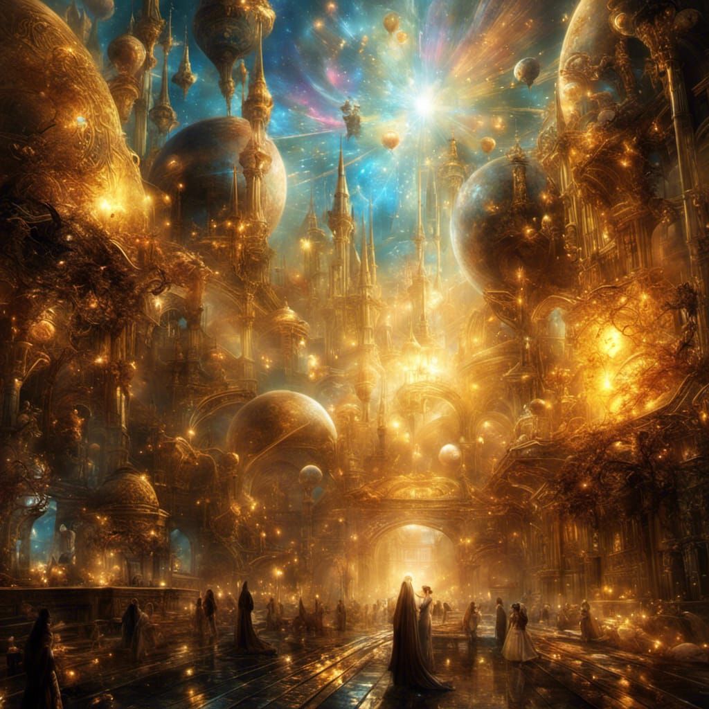 a beautiful cosmic chart hovering above a glittering golden city ...