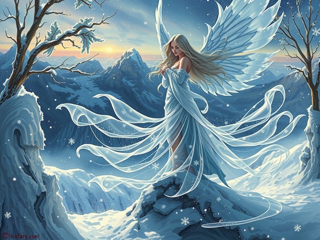 Jaclyn Frost, a mystical winged ice-spirit Fae, A halo of soft ...