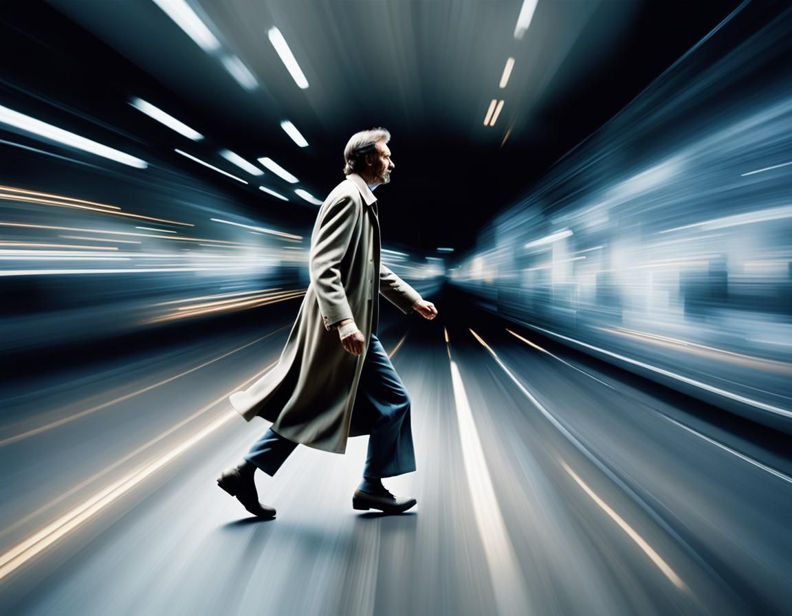 Side view. A man is a time traveller and the scene depicts him moving ...