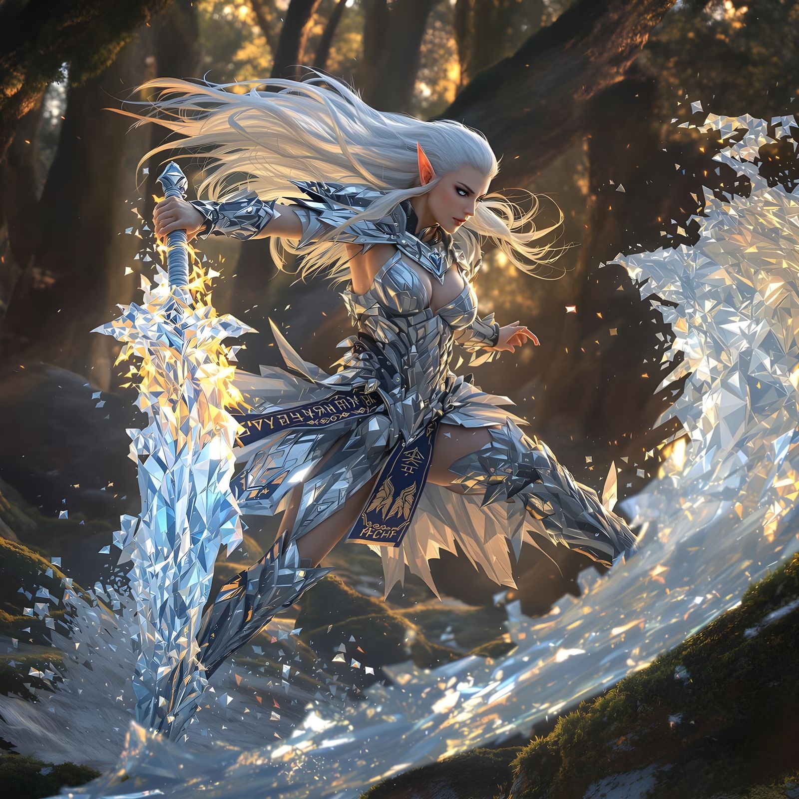 tall slim fitness influencer German Valkyrie woman in glimmering silver ...