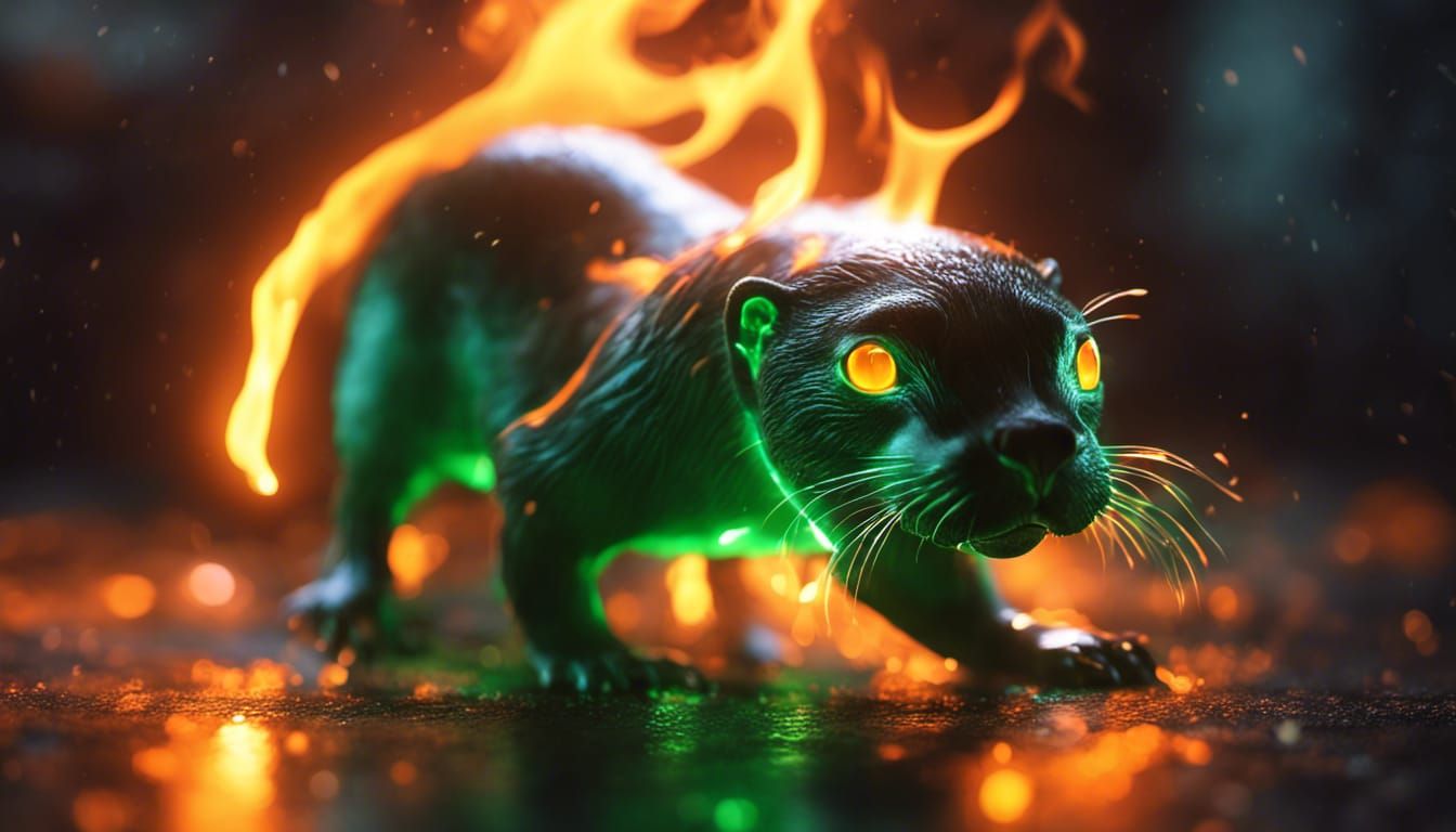 (Perfect Macro shot magical translucent Flaming Otter made of electric ...