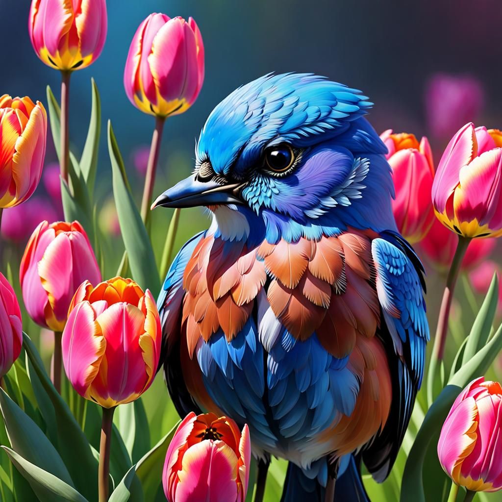 Bluebird and Tulips - AI Generated Artwork - NightCafe Creator