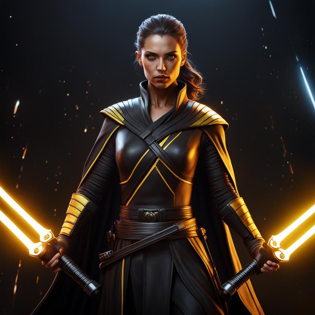 Female Dark Jedi with two lightsabers and yellow eyes - AI Generated Artwork - NightCafe Creator
