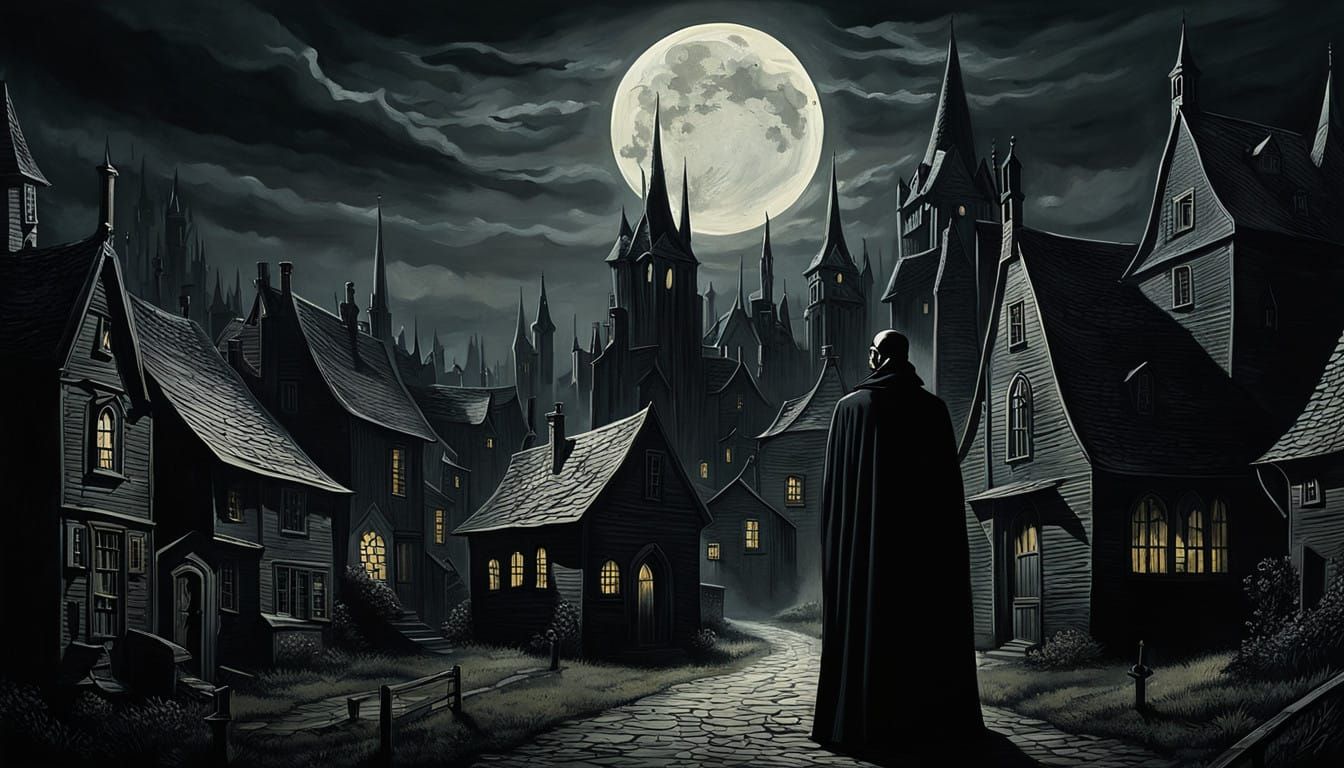 Nosferatu's Shadow Falls on a Dreamlike Village - AI Art