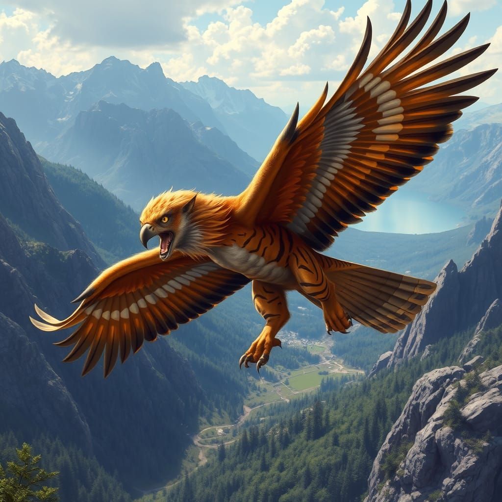 Majestic Lion Tiger Hawk Hybrid Soars Through Myth... - AI Art