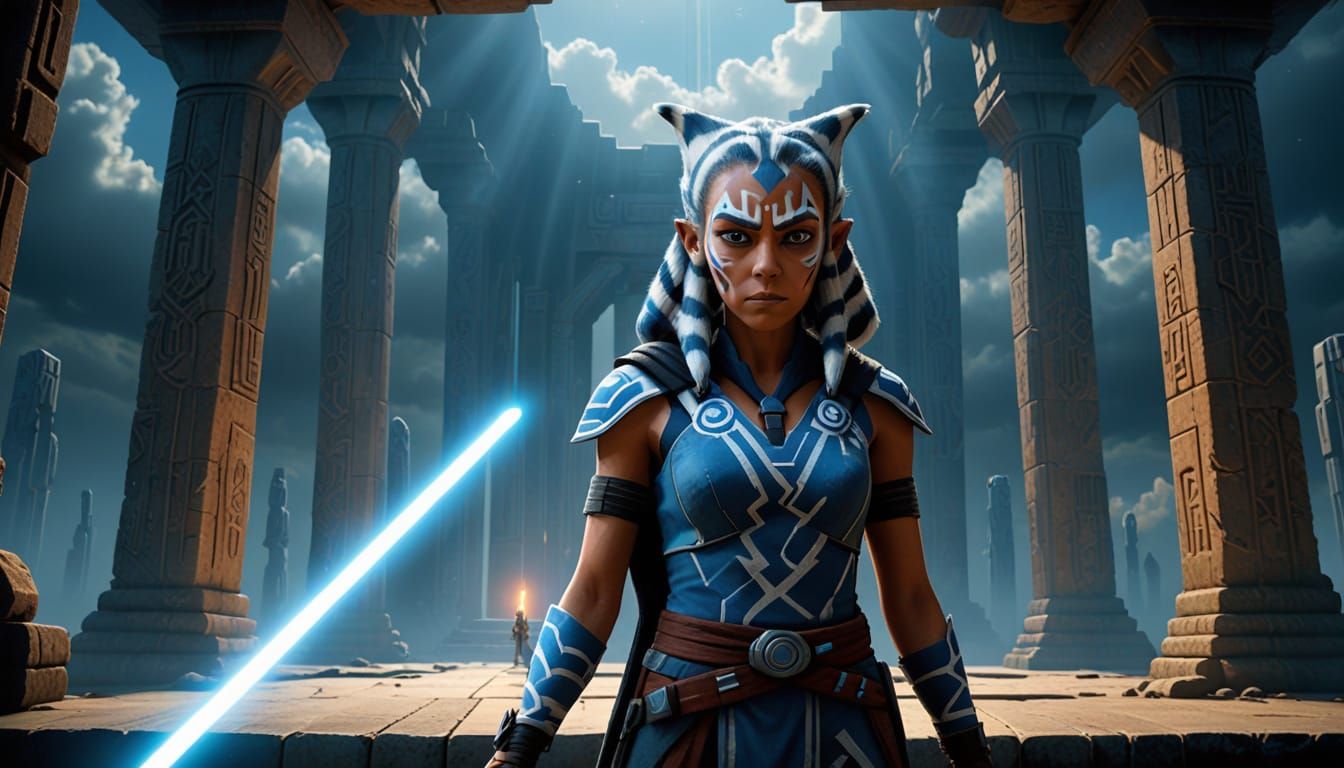 Ahsoka Tano in Temple Ruin, Glowing Blue Rune Mark... - AI Art