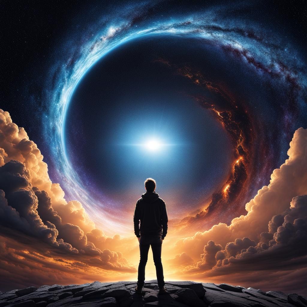 A shocked person watching the sky ripping, into a cosmic void. Skyview ...