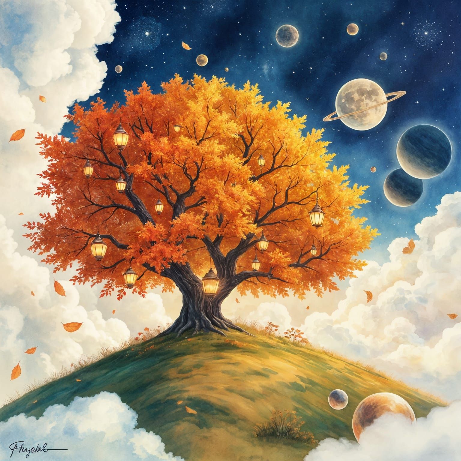 fantasy tree - Whimsical Autumn Tree Soars Among Clouds and ...