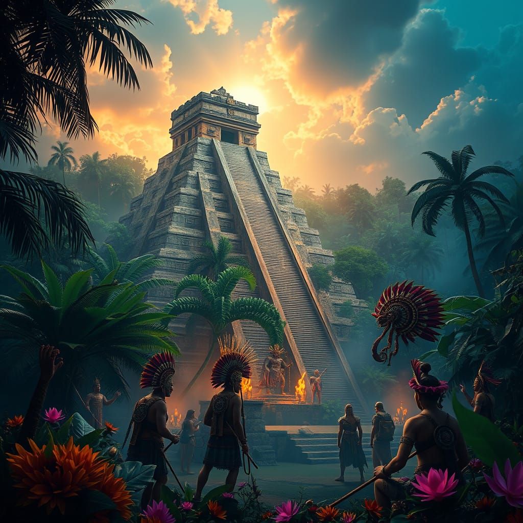 Majestic and historical depictions of Mayan pyramids with ancient ...