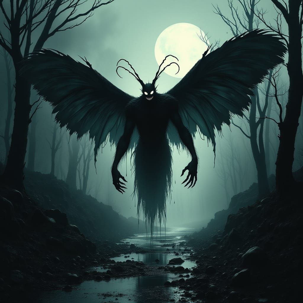 Glowing Eyed Mothman Emerges from Dark Forest in C... - AI Art