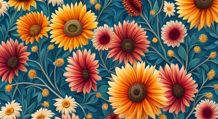 Pattern in dark pastel colours with sunflowers, daisies, marigolds - AI Generated Artwork ...
