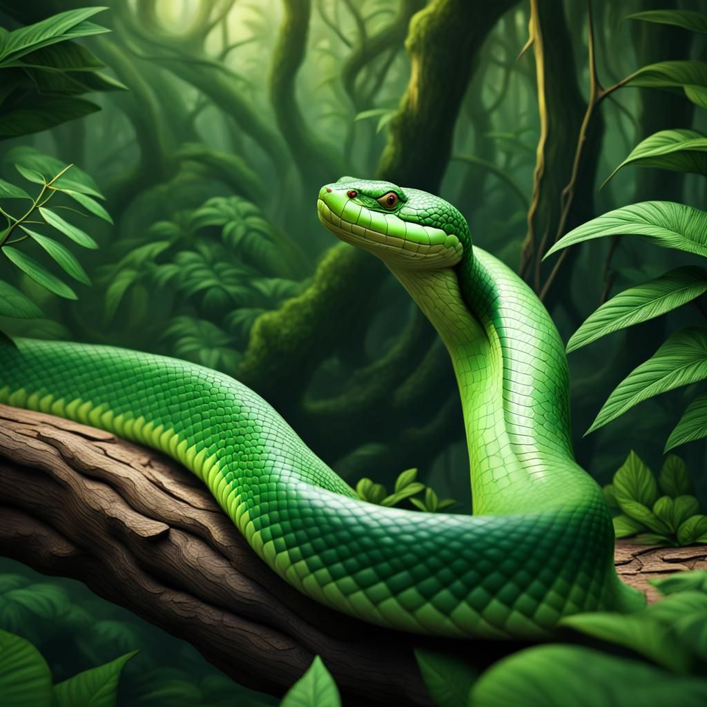 A large green snake in a verdant jungle, 64k resolution, a masterpiece ...