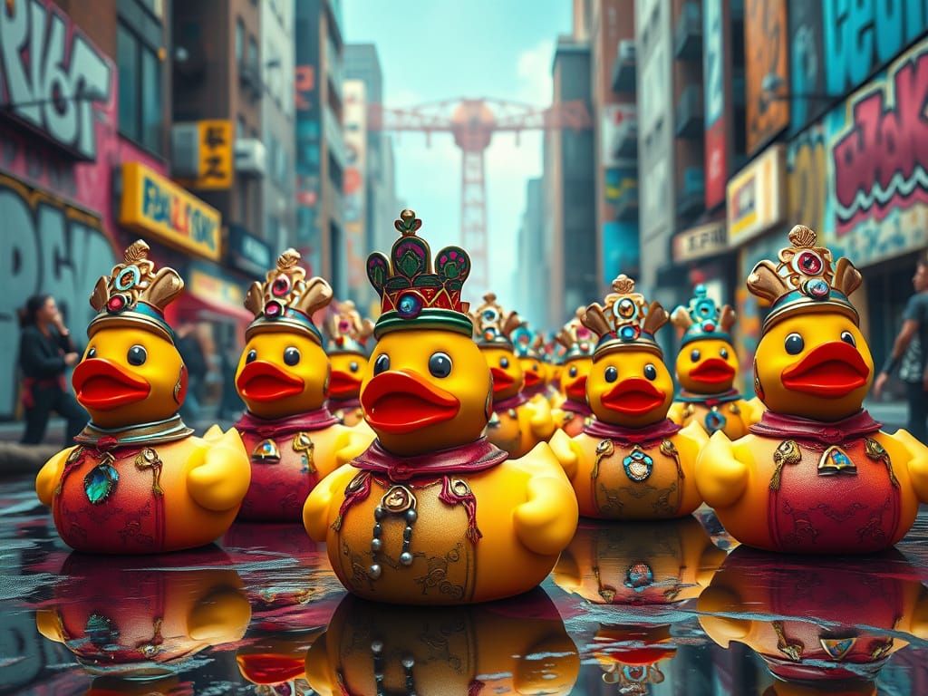 Vibrant Rubber Duck Parade in a Futuristic Citysca... - AI Art