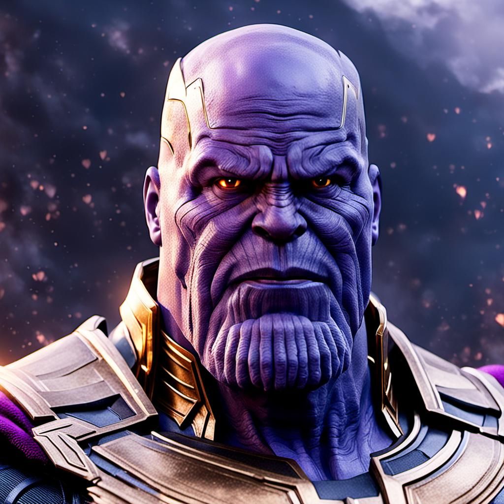 Marvel character Thanos, wearing the infamous Infinity Gauntlet ...