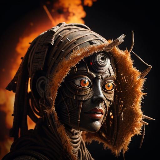 a close-up material mummy patched clay and wire sculpture with weird ...