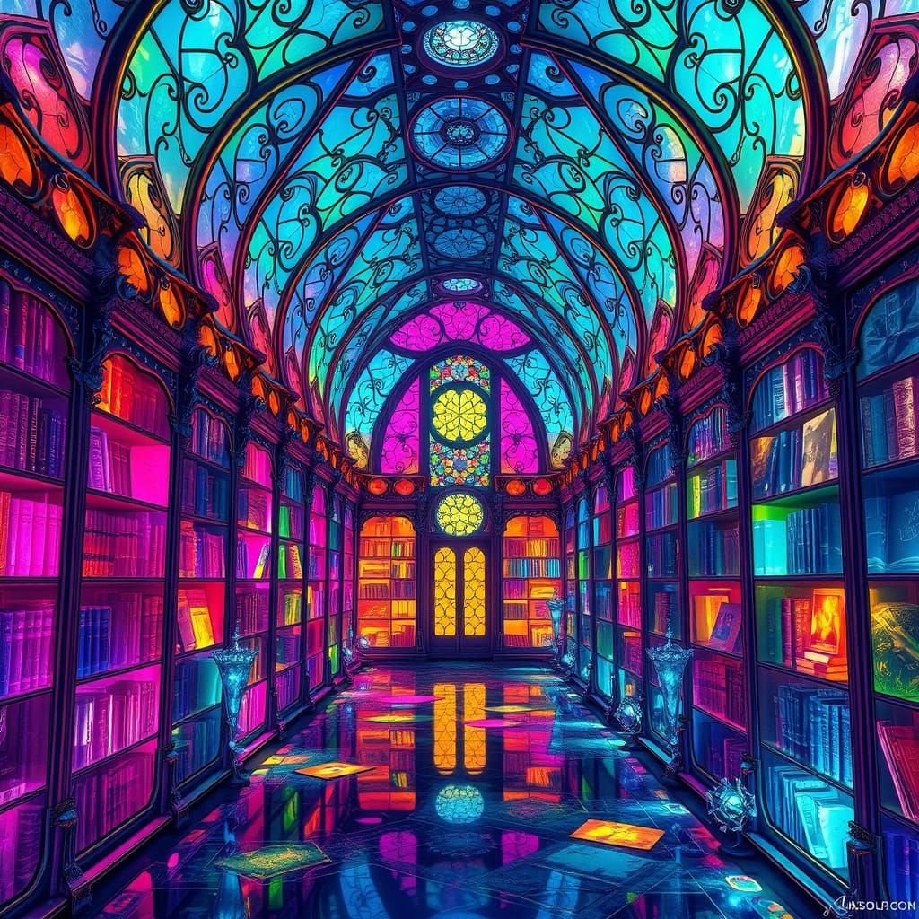 Stained Glass Library 4 - Mystical Glass Library in Vibrant,...
