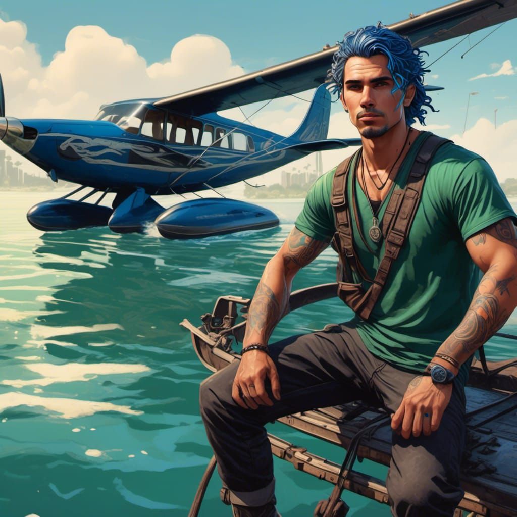 A Man with black and blue highlighted Hairs in front of a blue ...