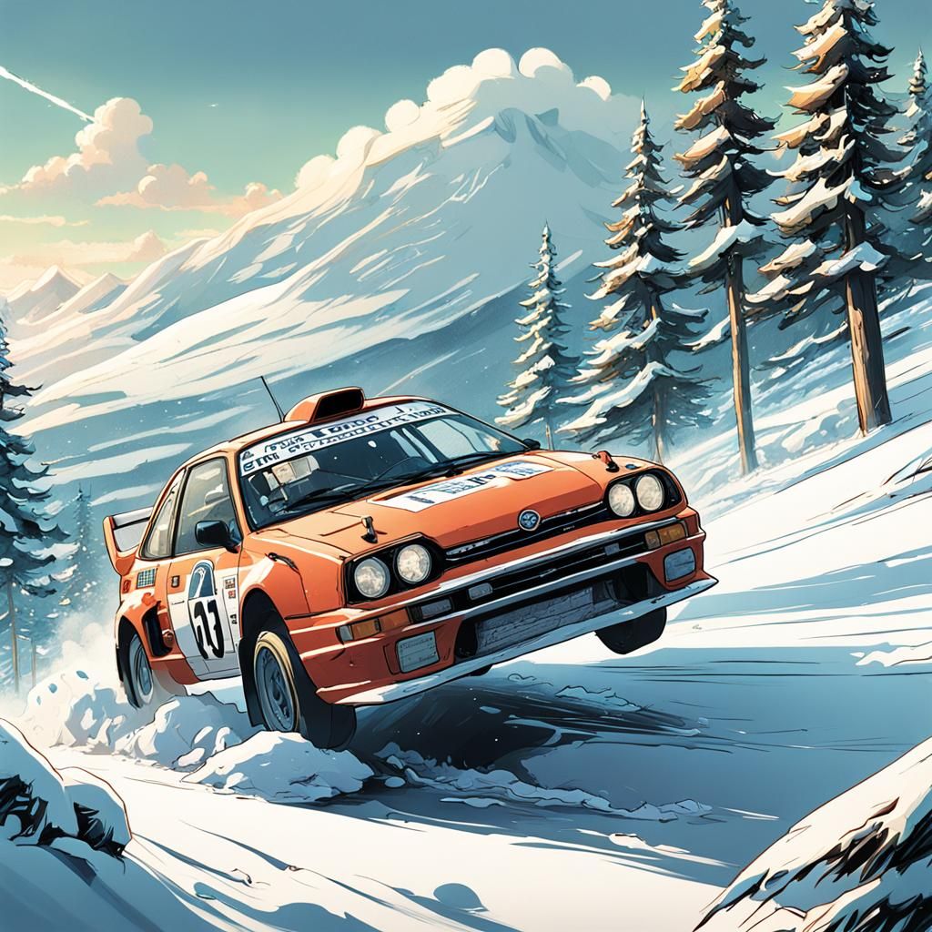 Rally car on snowy hill Studio Ghibli, Anime Key Visual, by Makoto ...