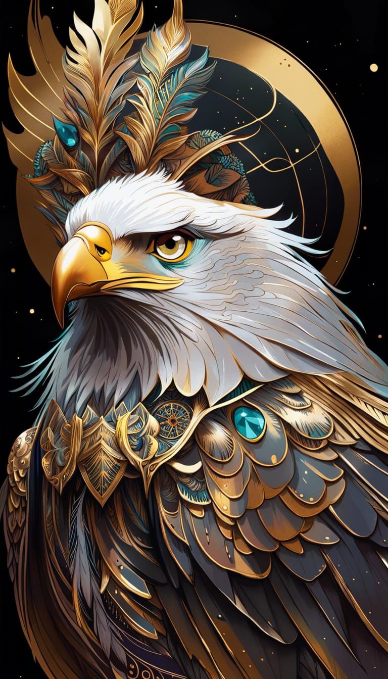 portrait of a gold eagle, silver outlines, shiny aura, highly detailed ...